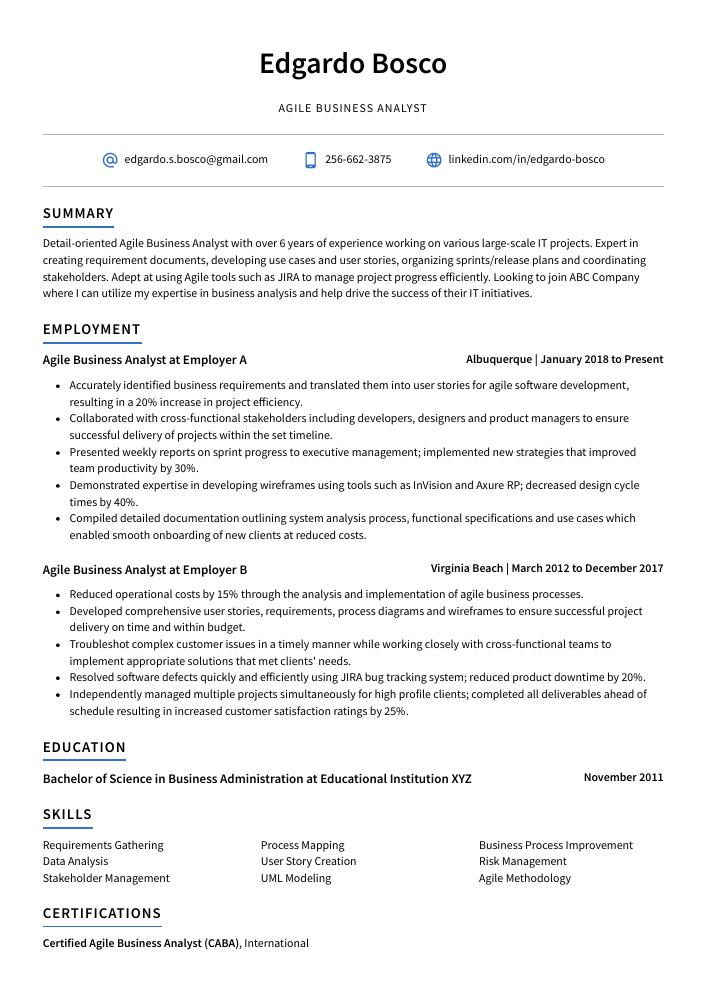 Agile Business Analyst Resume CV Example And Writing Guide