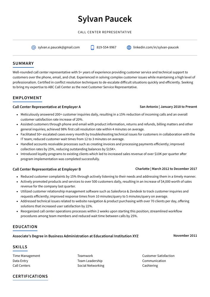 Call Center Representative Resume CV Example And Writing Guide