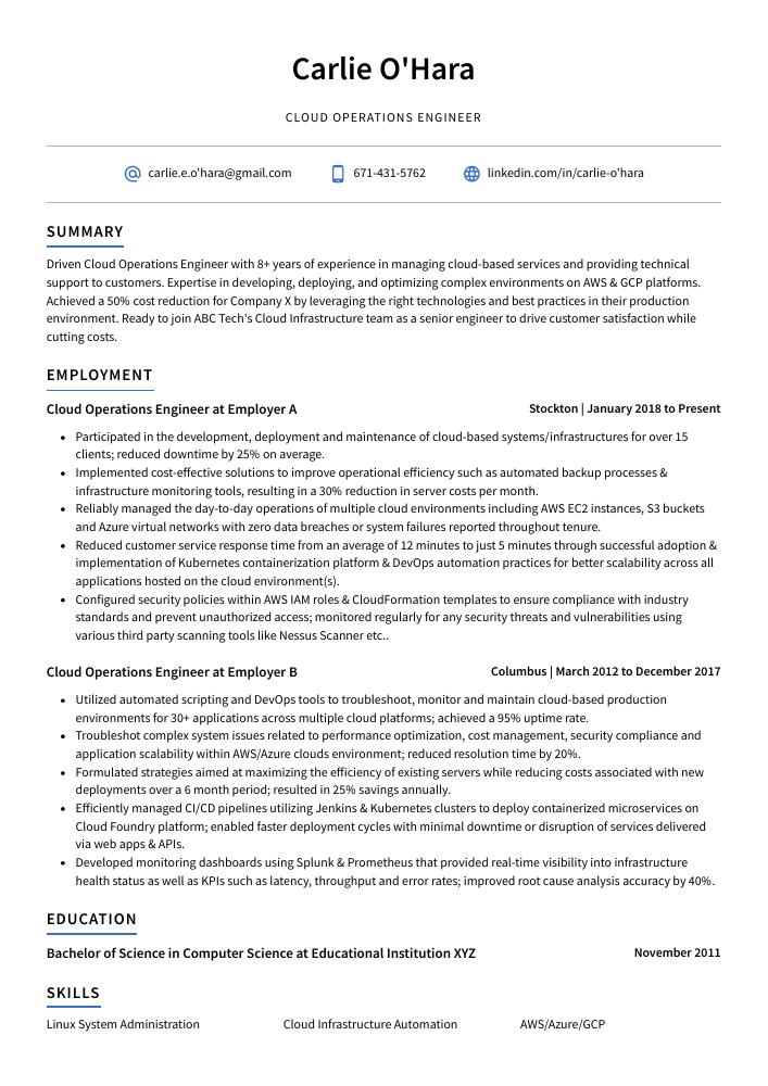 Cloud Operations Engineer Resume CV Example And Writing Guide