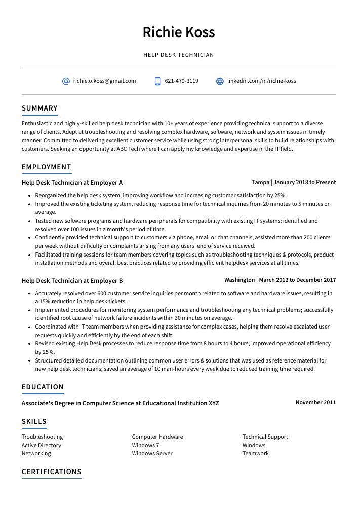 Help Desk Technician Resume CV Example And Writing Guide