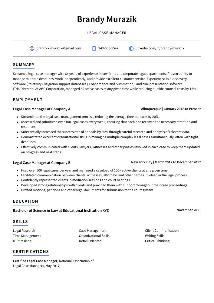 Legal Case Manager Resume CV Example And Writing Guide Legal Case Manager Resume CV Example And Writing Guide