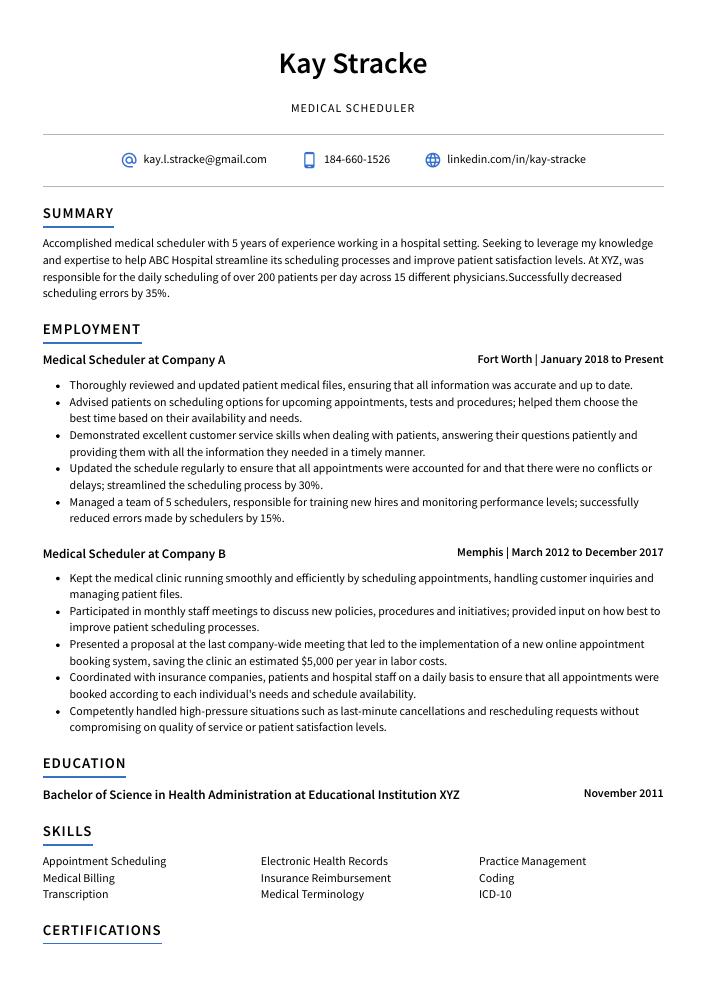 Medical Scheduler Resume CV Example And Writing Guide Medical Scheduler Resume CV Example And Writing Guide