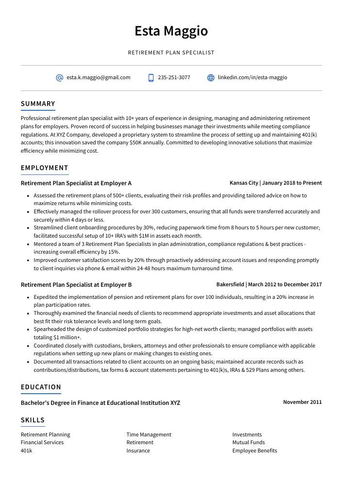 Retirement Plan Specialist Resume CV Example And Writing Guide
