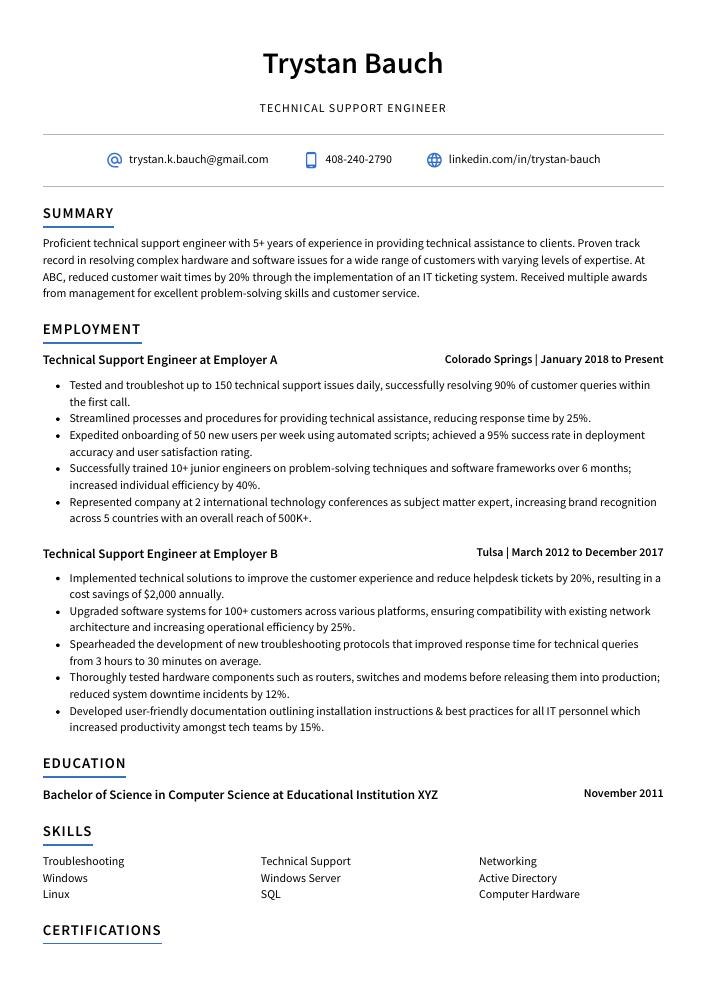 Technical Support Engineer Resume CV Example And Writing Guide