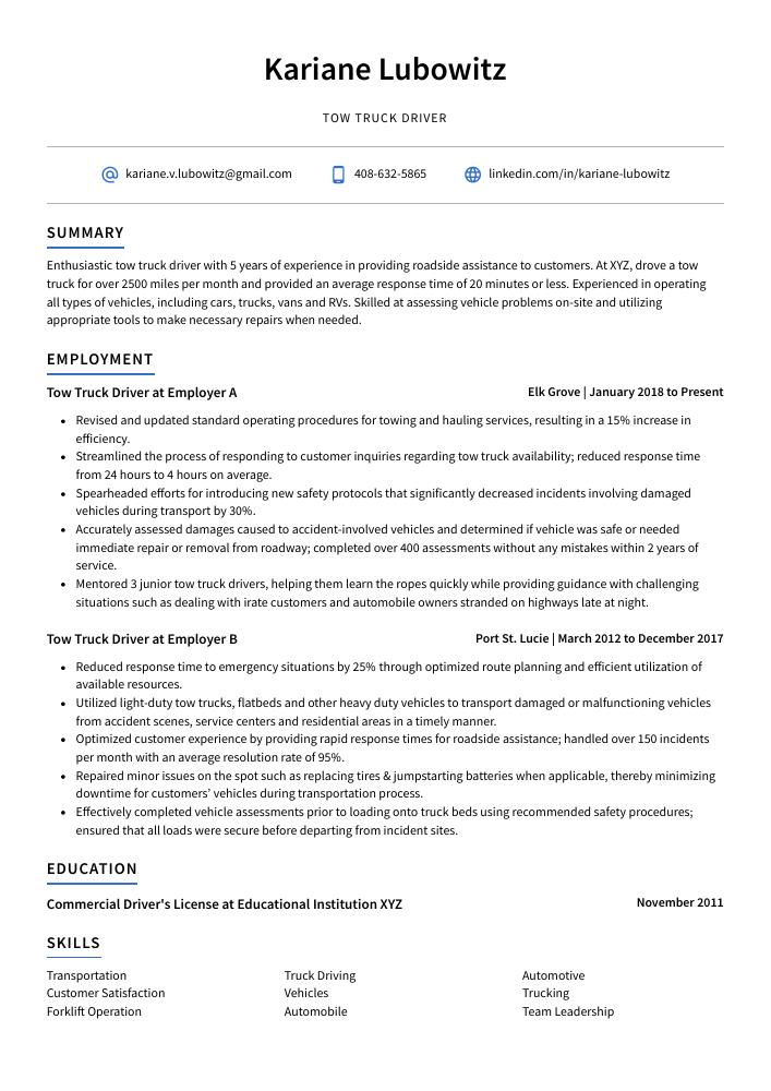 Tow Truck Driver Resume CV Example And Writing Guide Tow Truck Driver Resume CV Example And Writing Guide