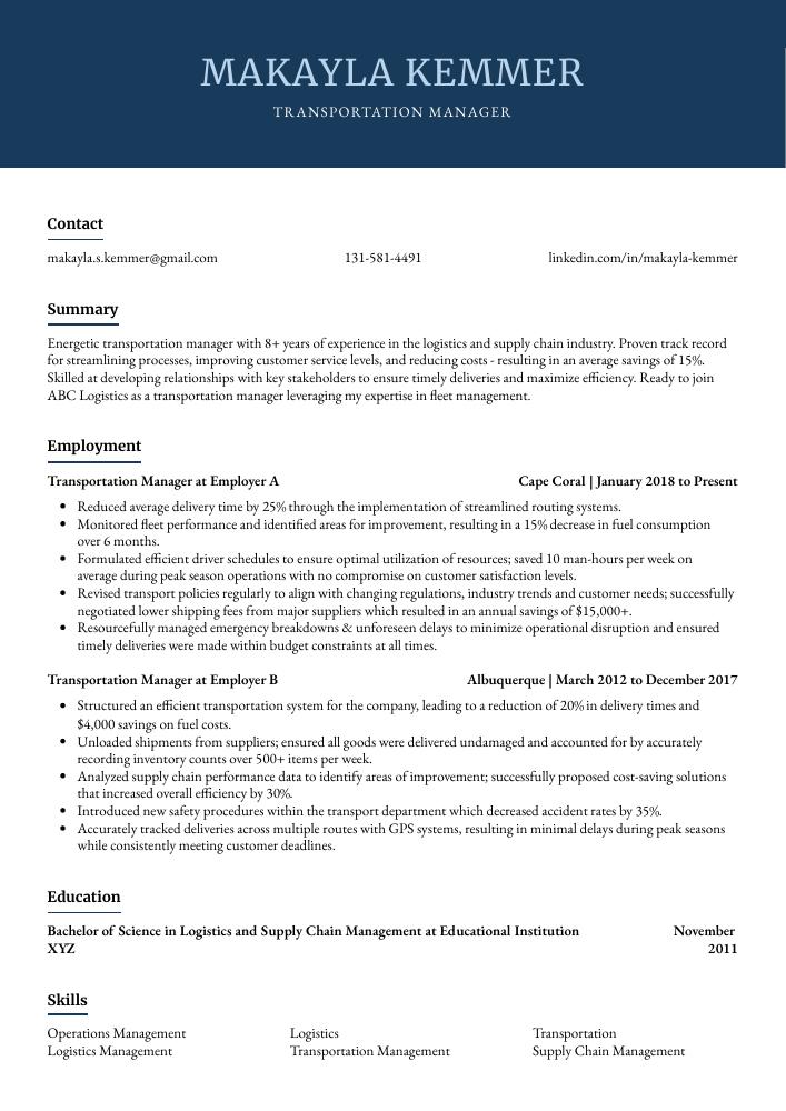 Transportation Manager Resume CV Example And Writing Guide Transportation Manager Resume CV Example And Writing Guide